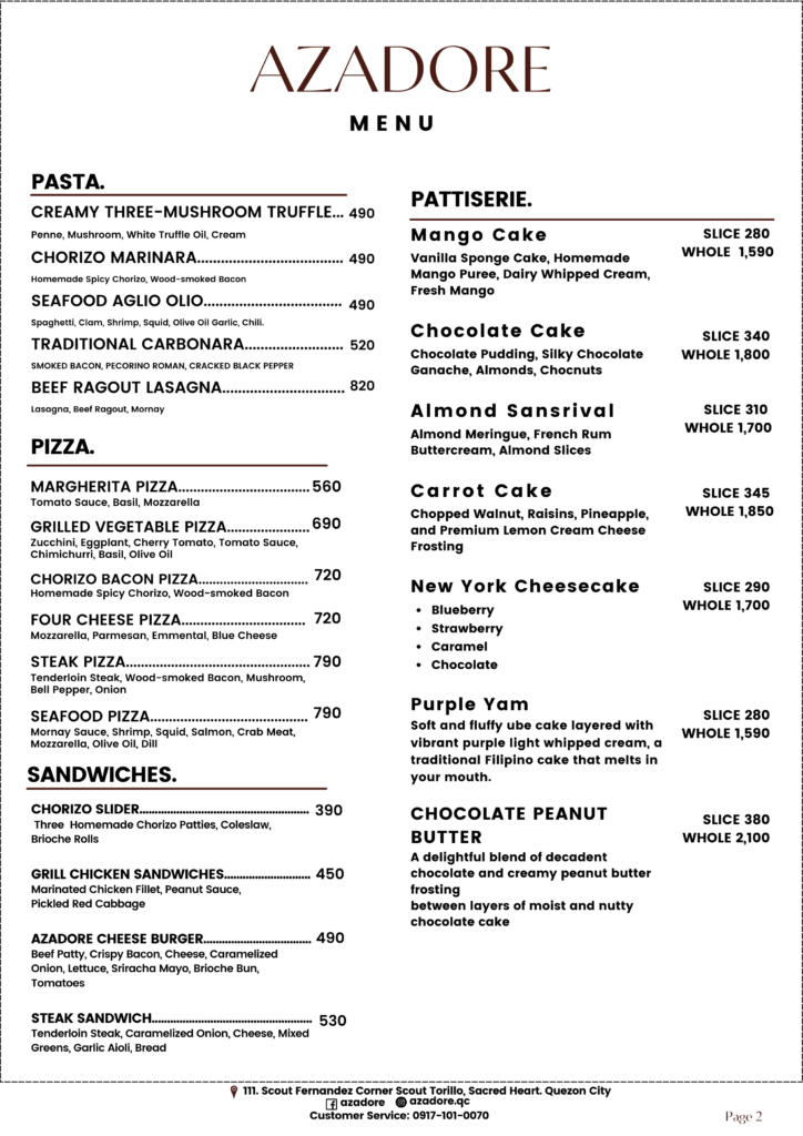 Azadore Menu – AZADORE
