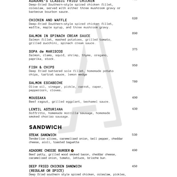 Azadore Menu – AZADORE